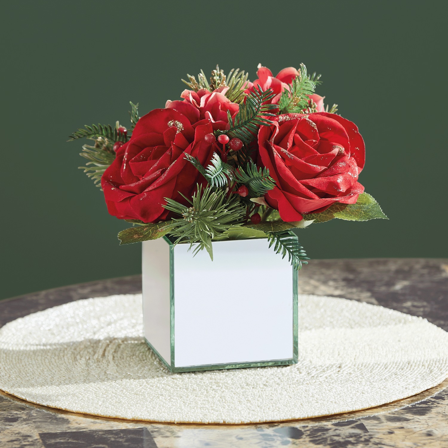 Glitter Rose and Pine Arrangement in Mirrored Pot | Midnight Velvet