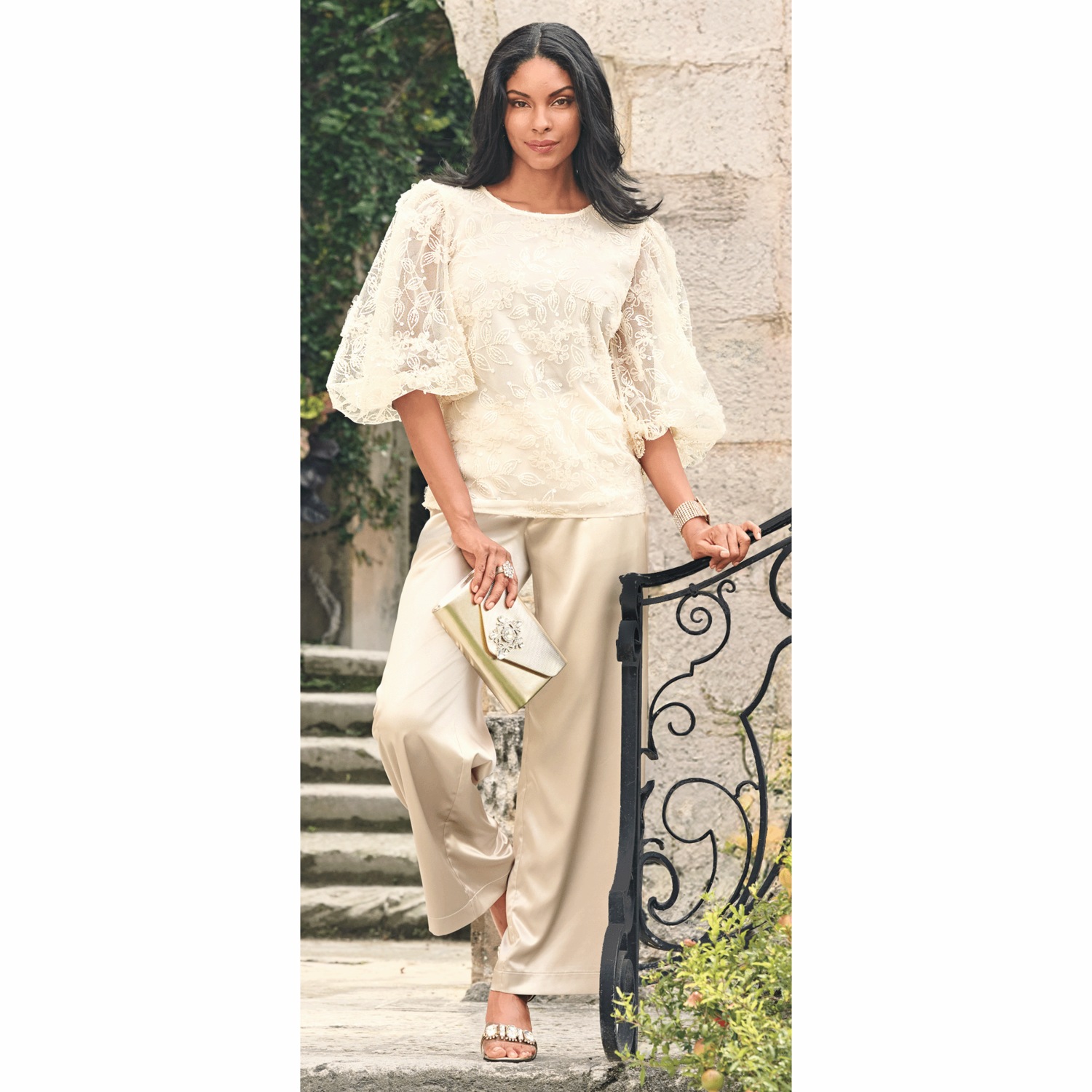 Sami Sheer Balloon-Sleeve Blouse with Sparkles and Embroidered Leaves ...