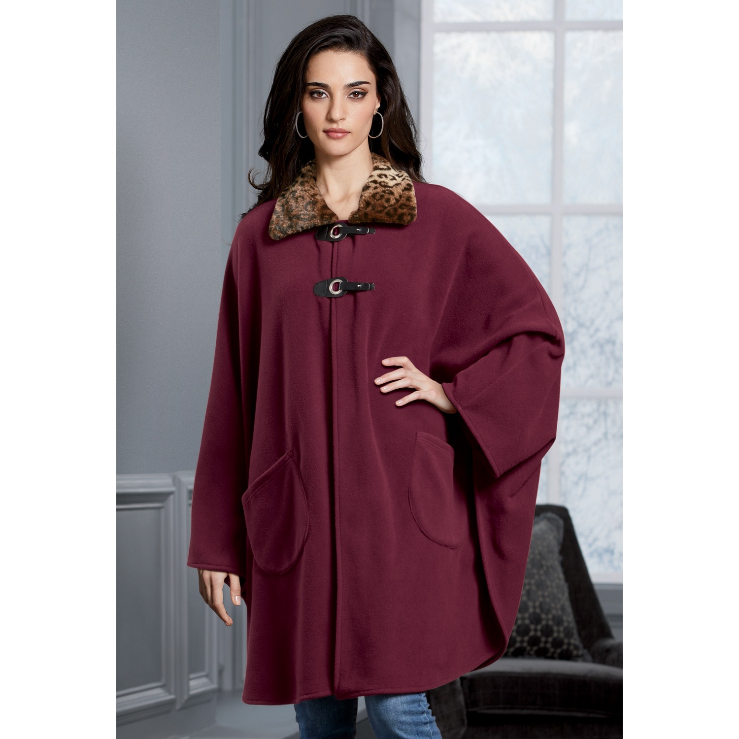 Faux-Fur Trim Cape | Midnight Velvet