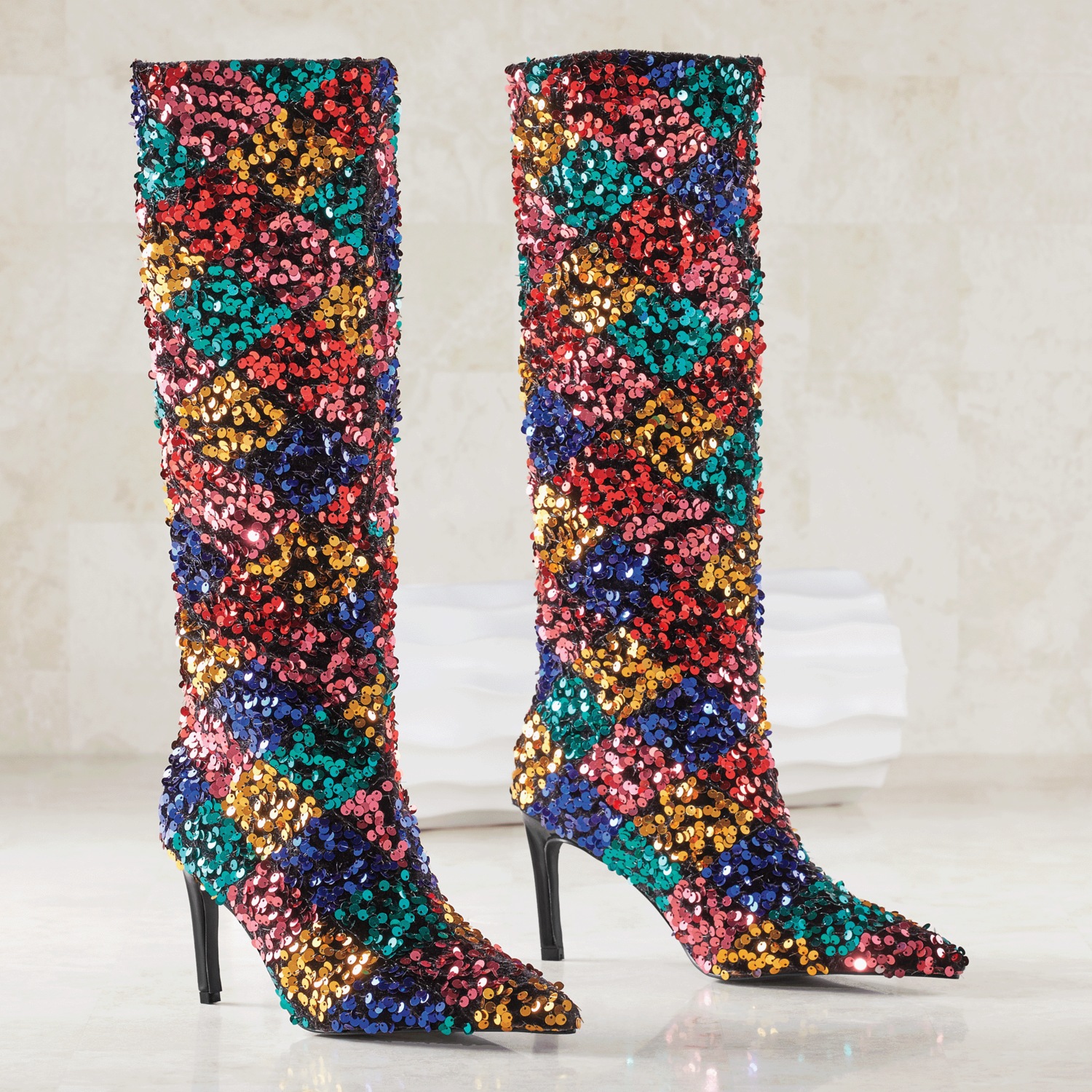 Azalea Wang Jimena Sequin Boot for Women with Checkered Pattern and 3 ...