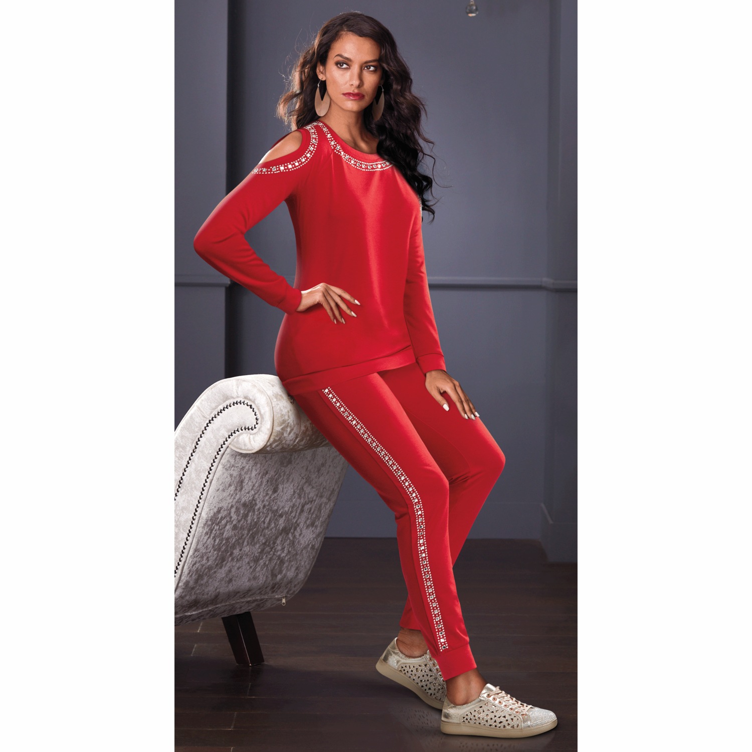 Kris 2-Piece Women's Active Set with Cold Shoulders, Rhinestones and ...