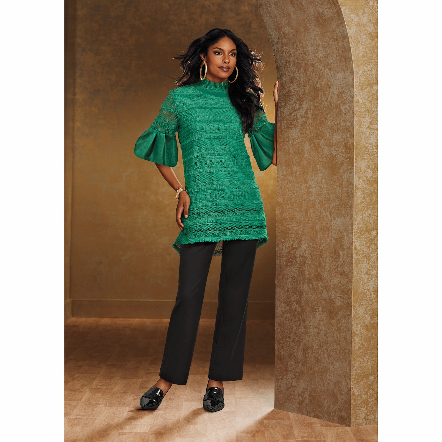 Ada Woven Lace Tunic with Ruffled Collar and High-Low Fringe Hem ...