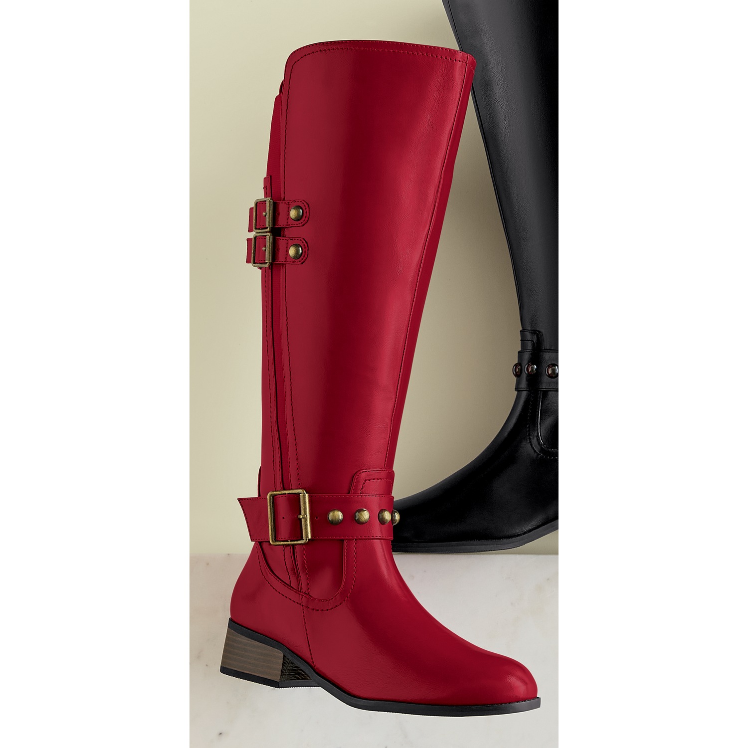 Knee-Length Women's Faux-Leather Riding Boot with Buckles and Studded ...