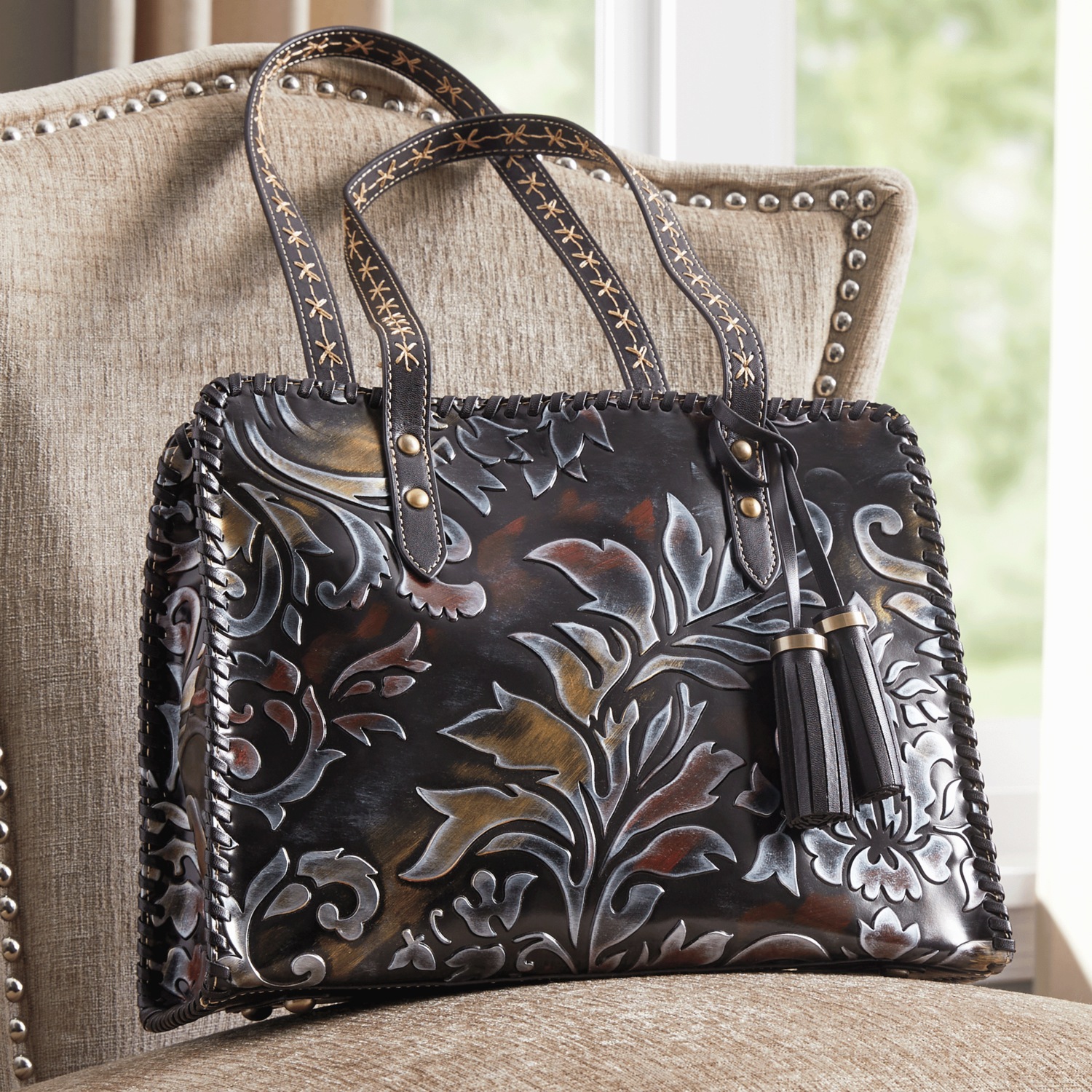 M.C. Handbags Nadi Embossed Leather Satchel | Midnight Velvet