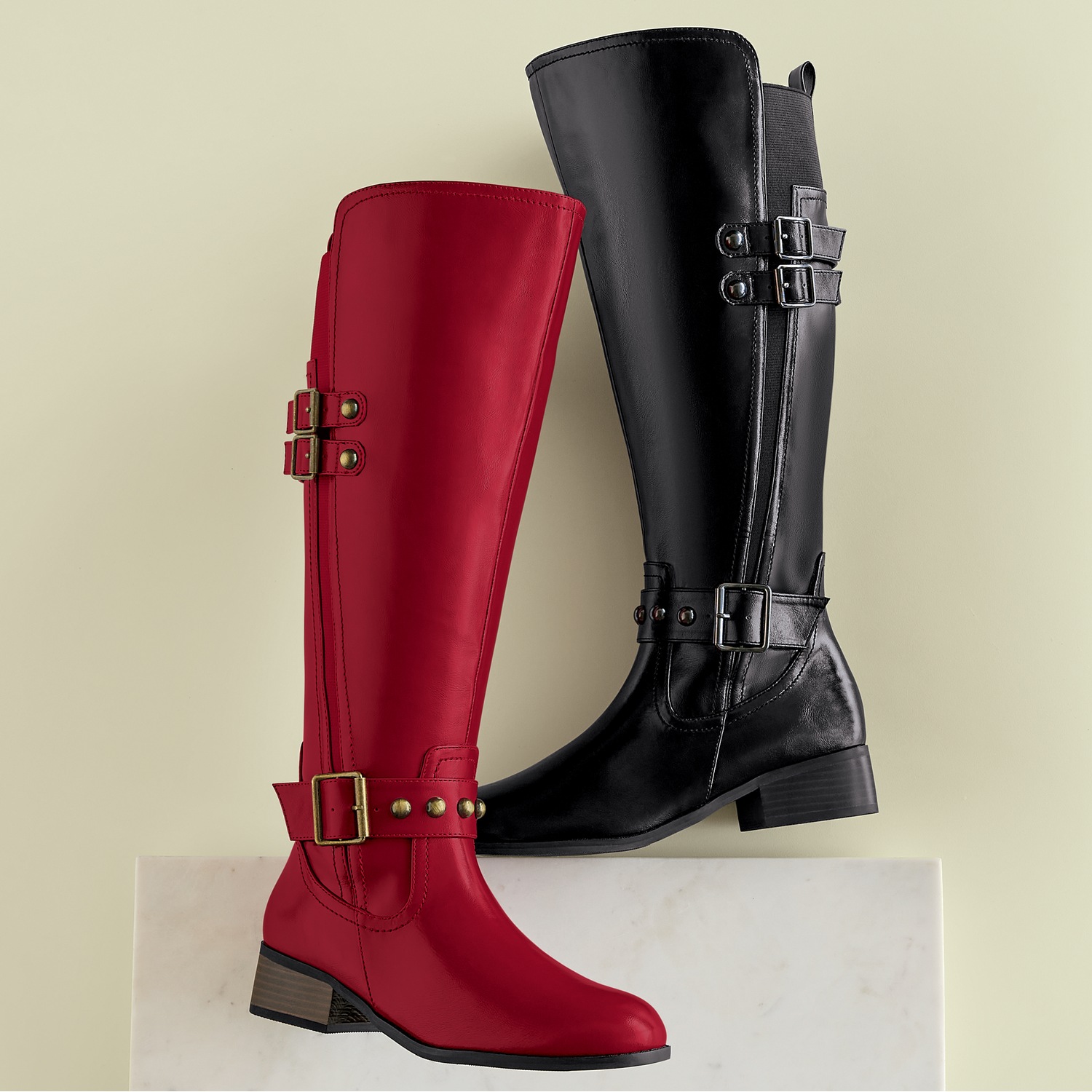 Knee-Length Women's Faux-Leather Riding Boot with Buckles and Studded ...